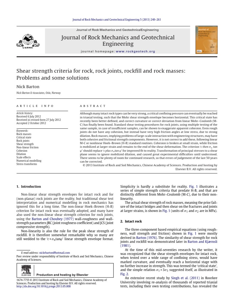 Barton - Shear Strength Criteria For Rock, Rock Joints, Rockfill and ...