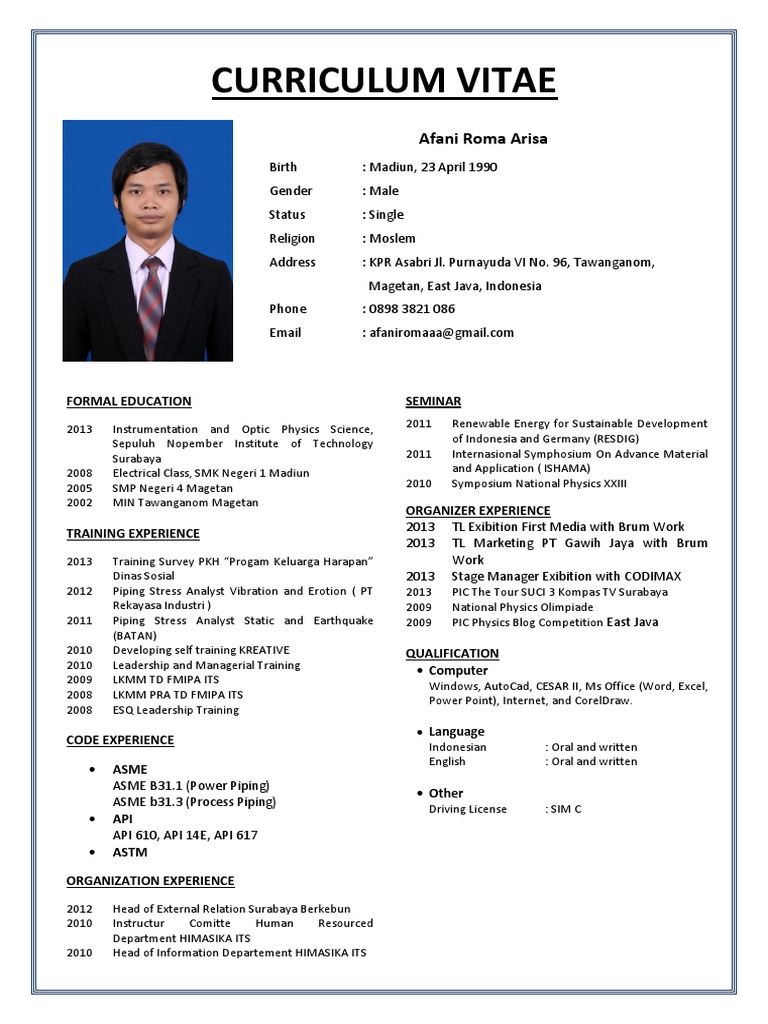 Afani Roma Arisa: CV & Qualifications | PDF | Science & Mathematics