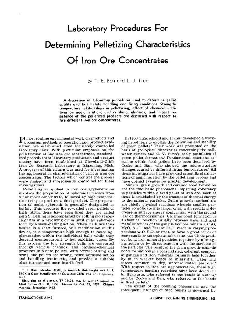 Laboratory Procedures For Mining Pelletizing Characterization of Iron ...