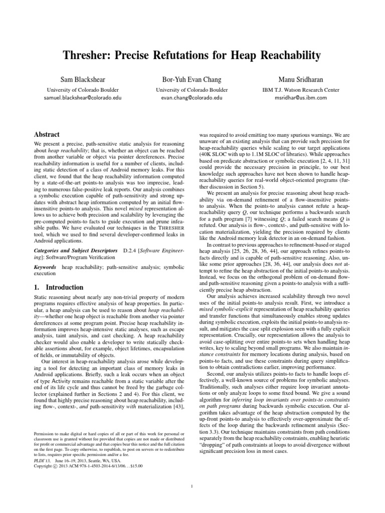 Thresher: Precise Refutations For Heap Reachability: Sam Blackshear Bor-Yuh Evan Chang Manu ...