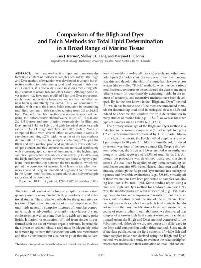 Comparison of the Bligh and Dyer and Folch Methods for Total Lipid ...