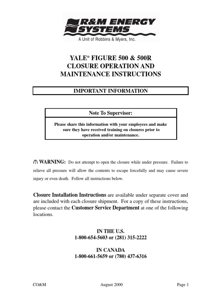 Yale FIGURE 500 & 500R Closure Operation and Maintenance Instructions ...