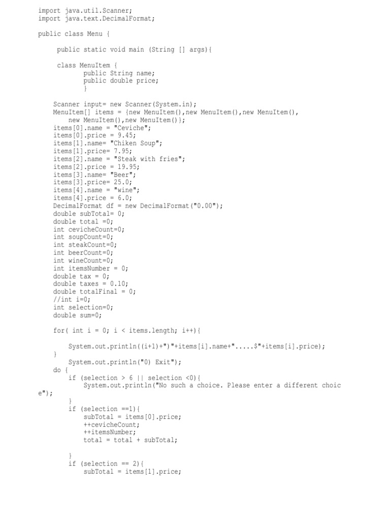 Simple Menu Java Program | PDF | Menu | Food Industry