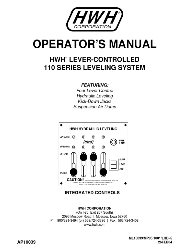 Operator'S Manual: 110 Series Leveling System HWH Lever-Controlled | PDF | Vehicles | Valve