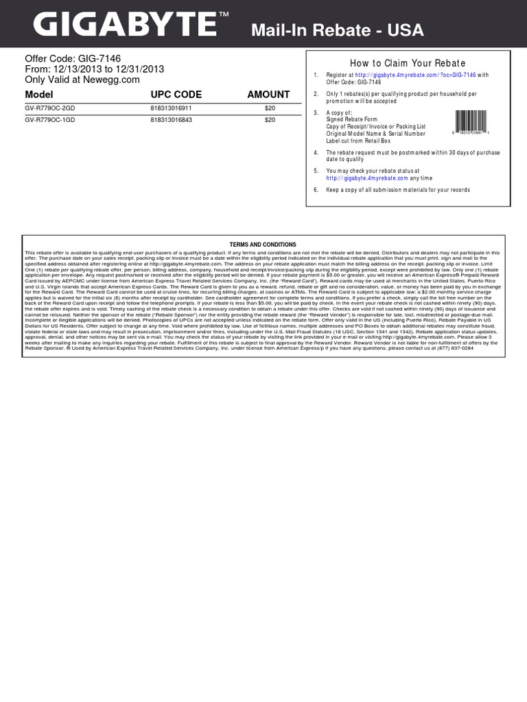 Mail-In Rebate - USA: Model Upc Code Amount | PDF | Rebate (Marketing ...