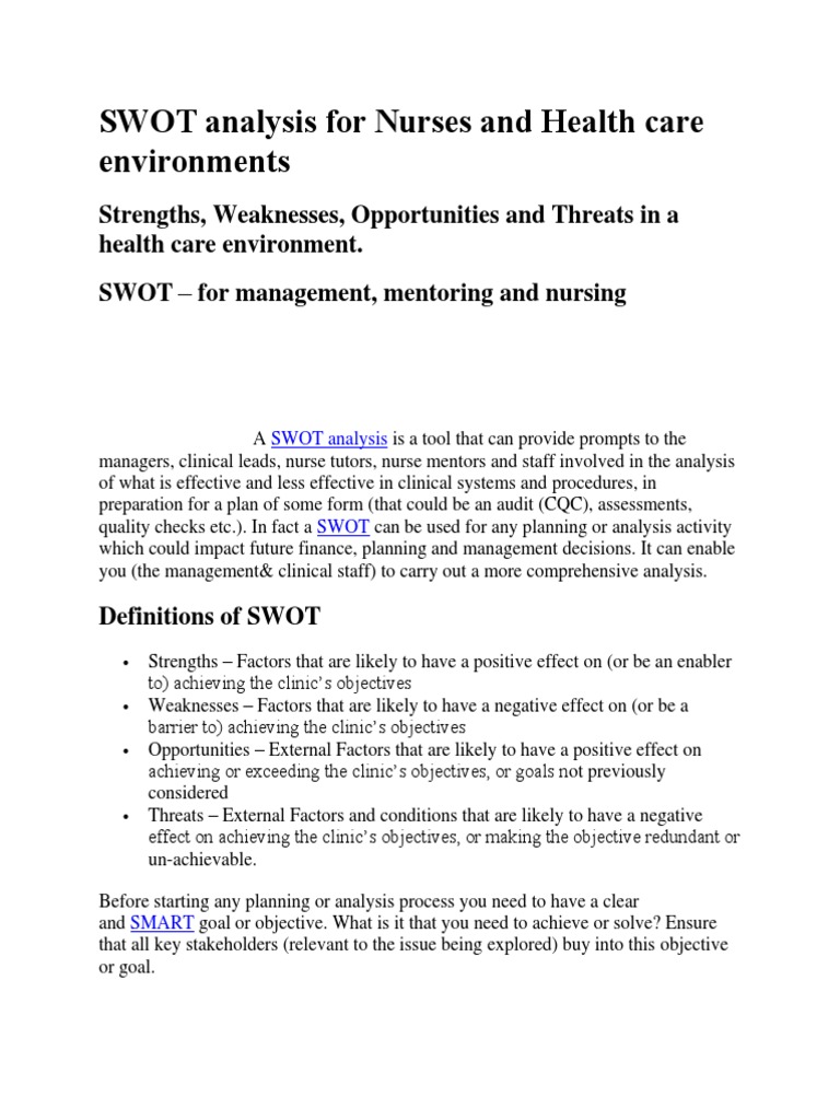SWOT Analysis For Nurses and Health Care Environments | PDF | Swot ...