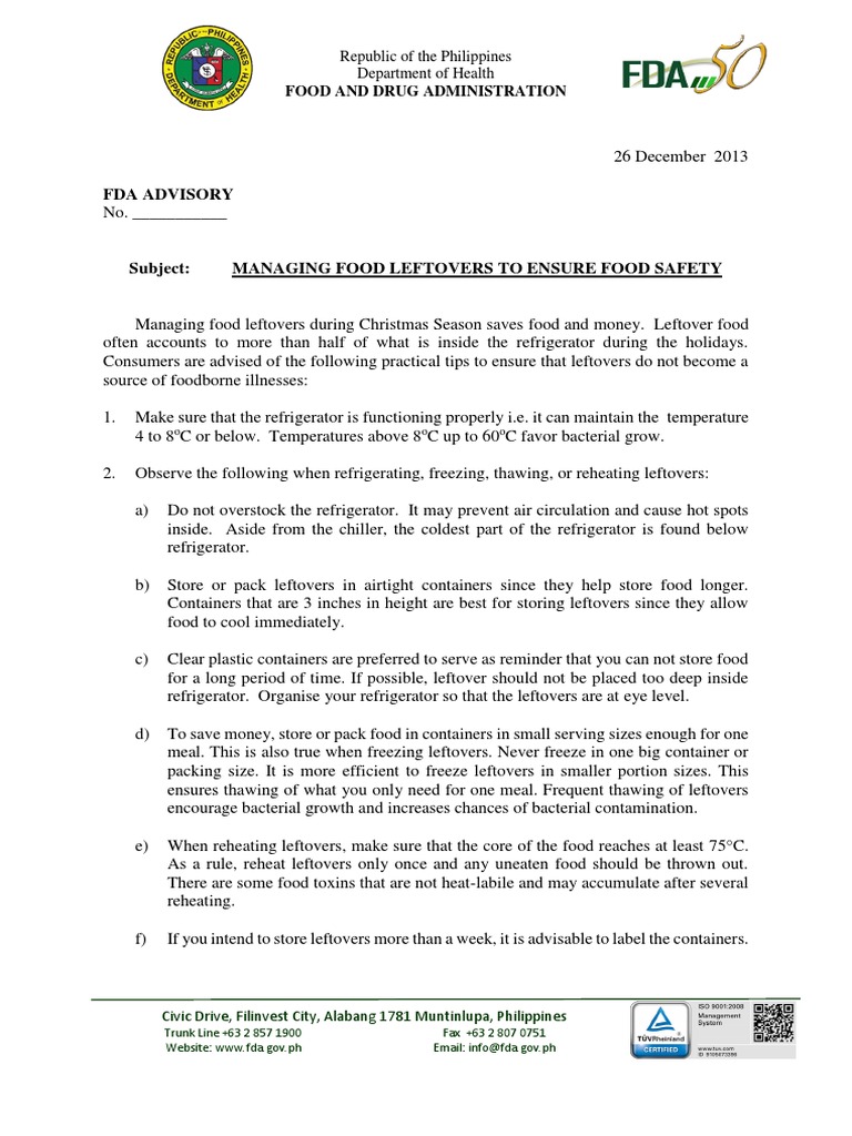 Advisory Food Leftovers | PDF | Refrigerator | Food Safety