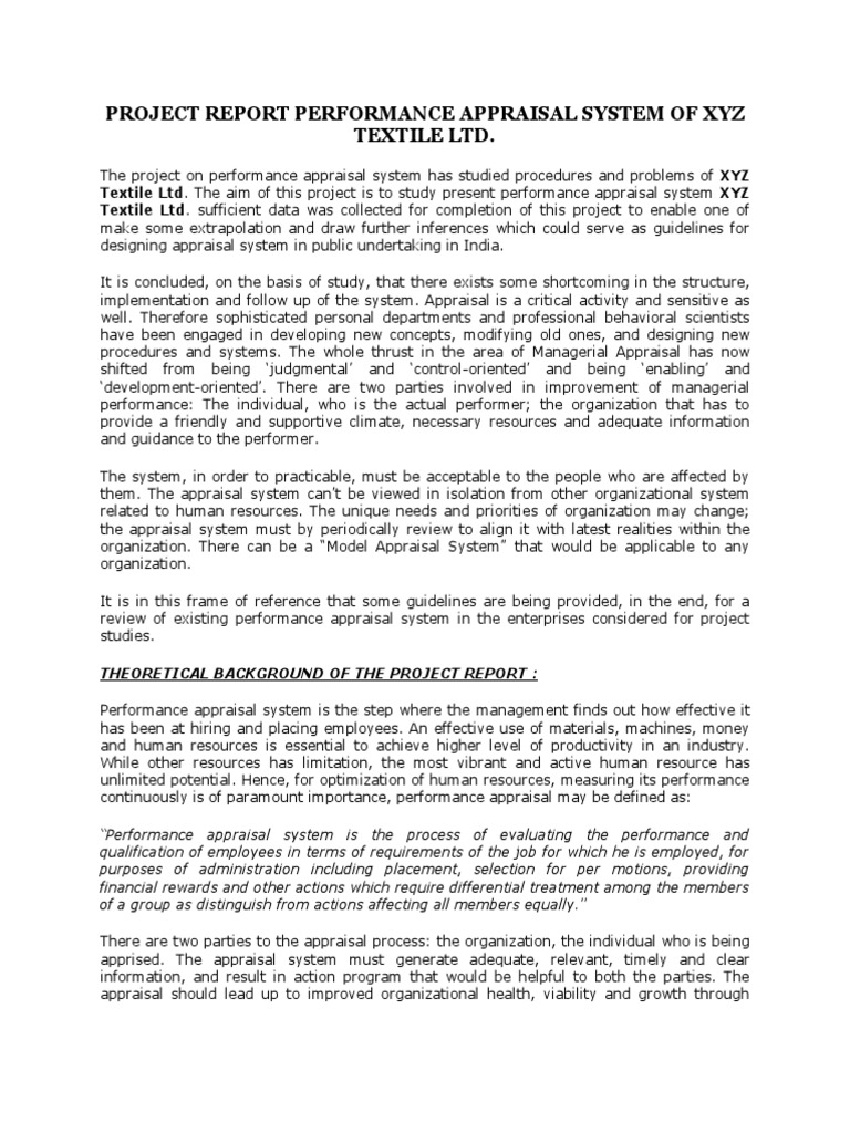 Project Report Performance Appraisal System of Xyz Textile LTD | PDF ...