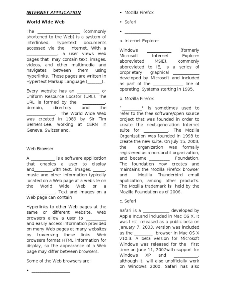 Internet Application Worksheet | PDF | Web Browser | World Wide Web