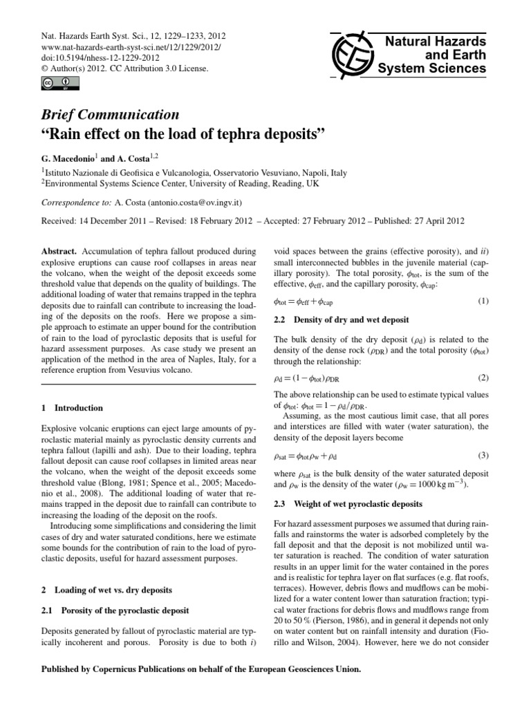 Brief Communication: "Rain Effect On The Load of Tephra Deposits" | PDF ...