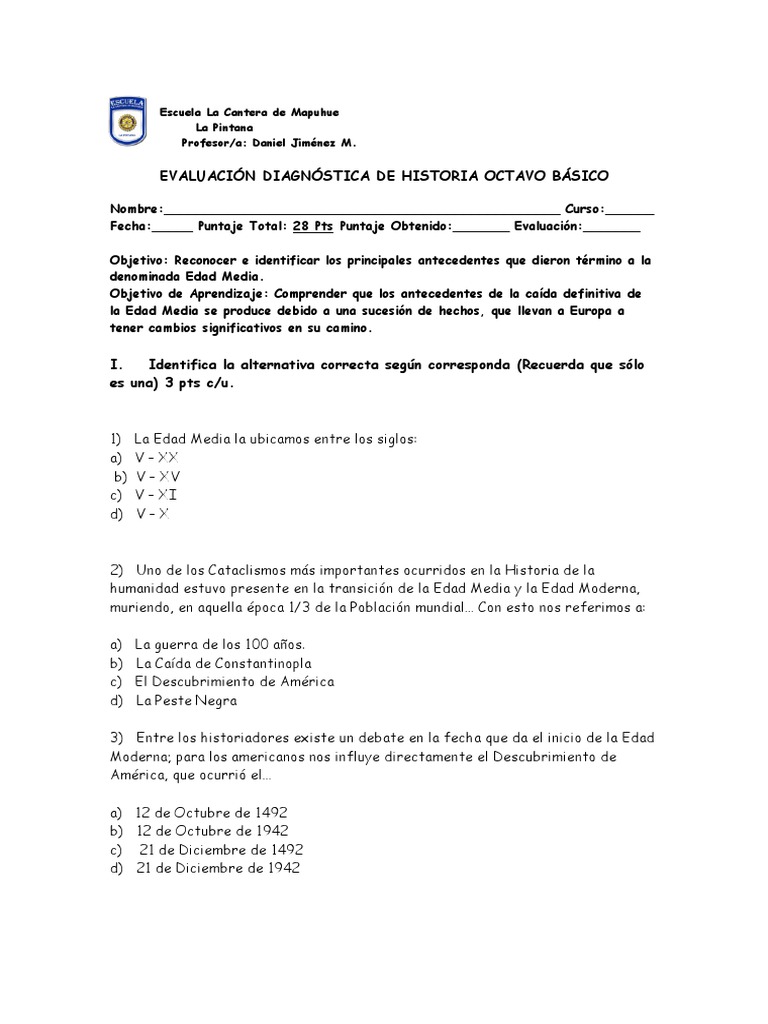 Prueba de Diagnóstico HISTORIA Octavo Básico | PDF | Muerte negra | Ciencias de la Salud