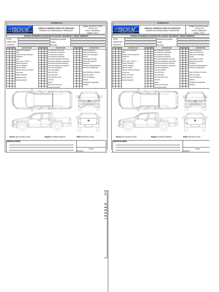Formato Check List de Vehículos Excel | PDF | Tecnologías automotrices ...