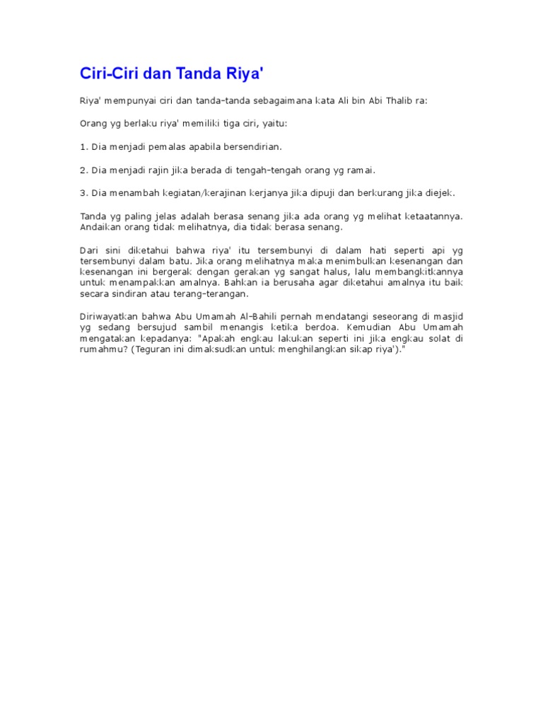 Ciri2 Dan Tanda Riya' | PDF