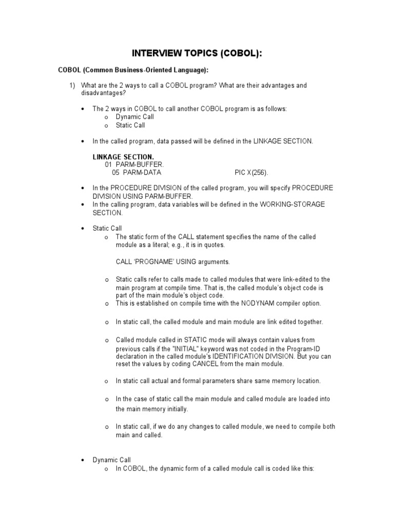 COBOL Interview Questions: Search Techniques and Program Calling Methods in COBOL | PDF | C ...