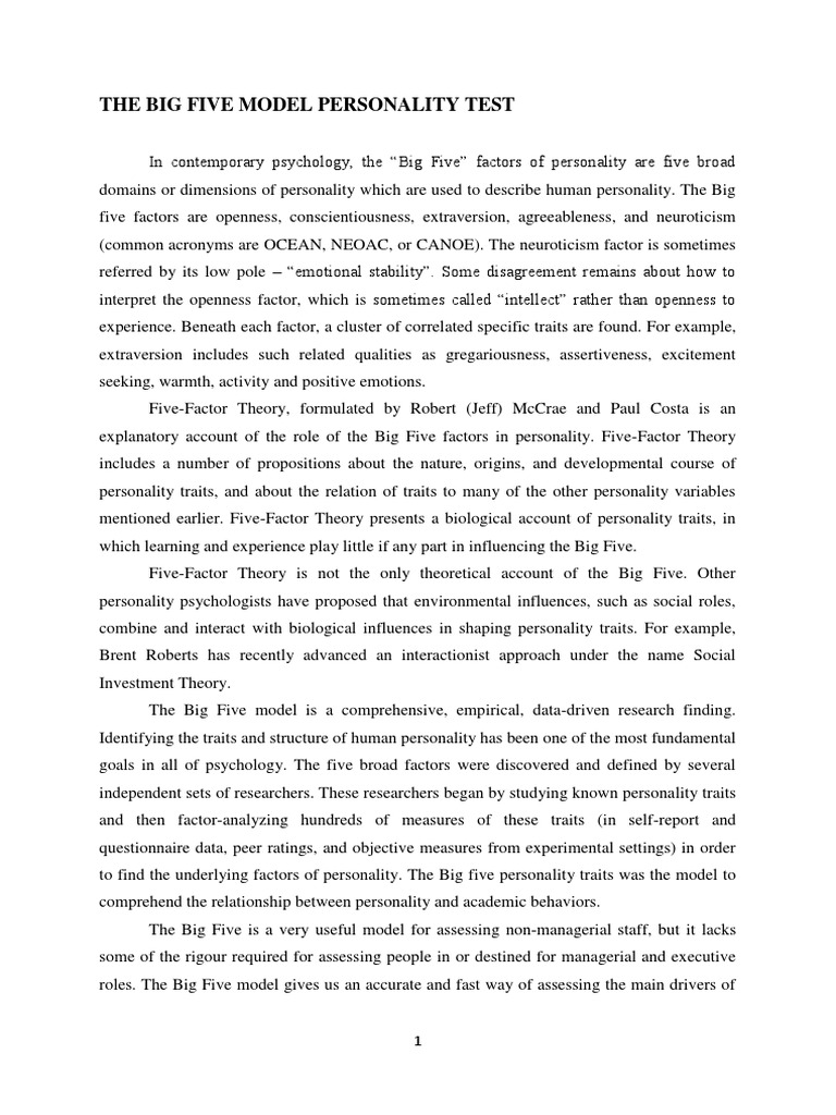 The Big Five Model Is A Comprehensive | PDF | Extraversion And ...