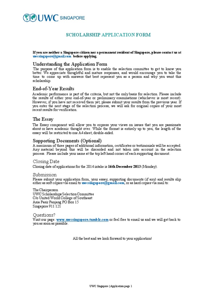 UWC Singapore Scholarship Application Form 2013 | PDF | The Guardian ...