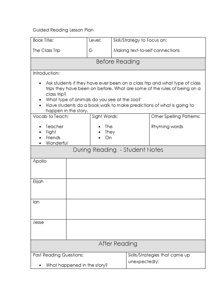 Guided Reading Plan: Class Trip Lesson | PDF | Language Arts & Discipline