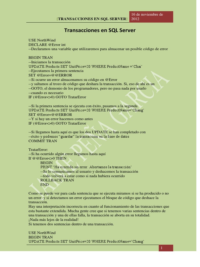 Transacciones en SQL | PDF | Servidor SQL de Microsoft | Informática