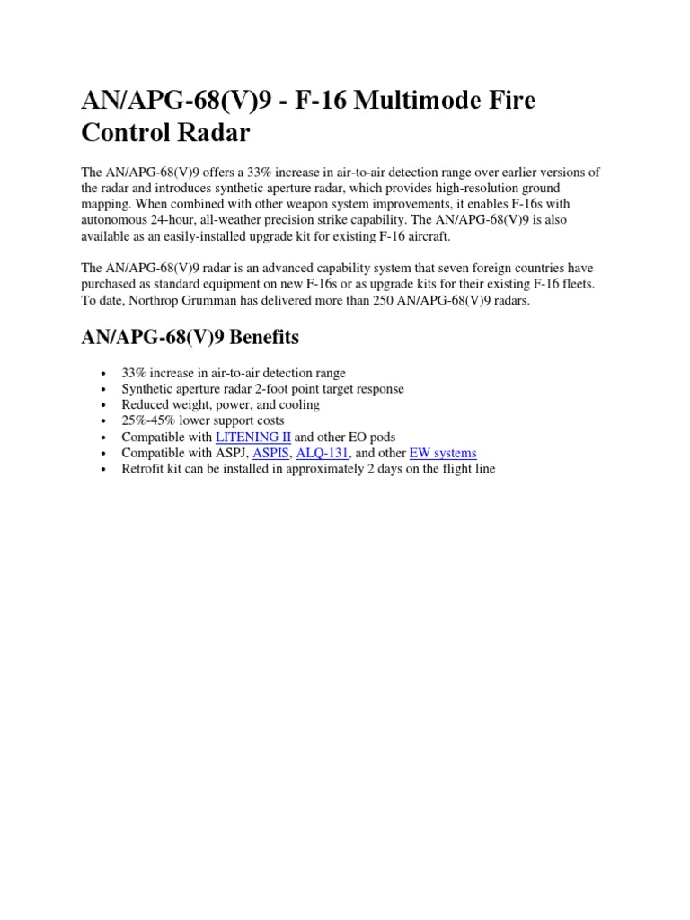 AN/APG-68 (V) 9 - F-16 Multimode Fire Control Radar | PDF