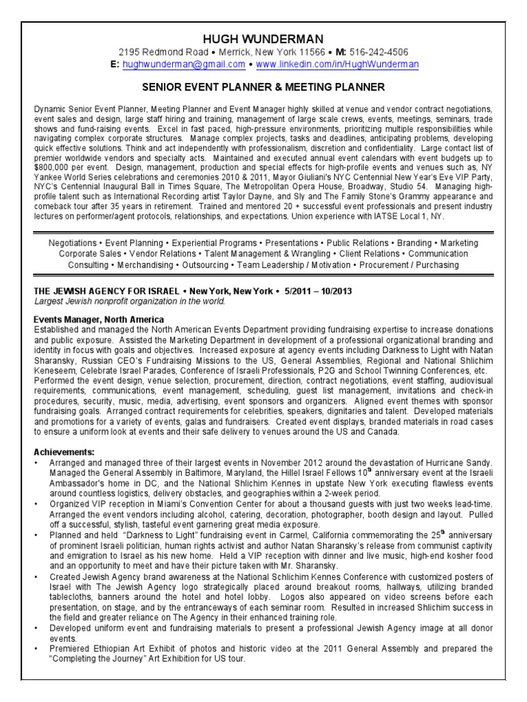 Senior Event Planner Manager in NYC, New York Resume PDF | PDF | New ...
