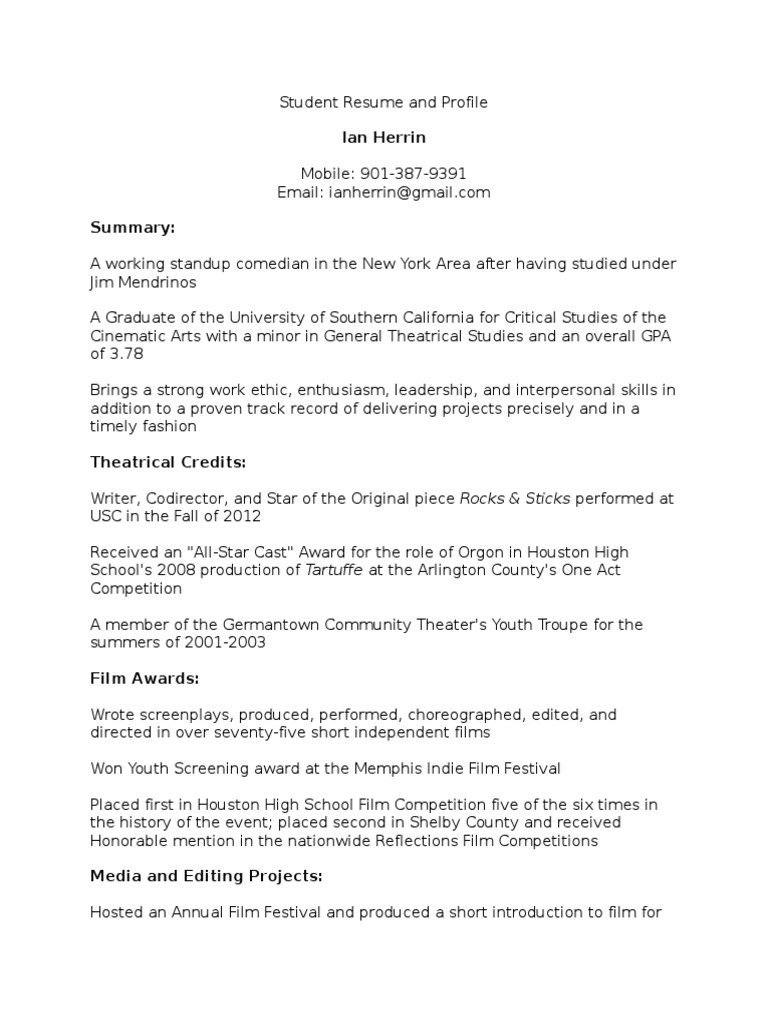 Ian Herrin Acting Resume | PDF