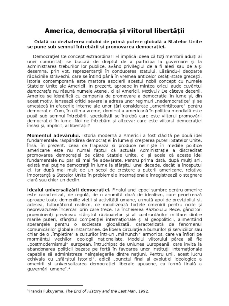 America, Democratia Si Viitorul Libertătii | PDF