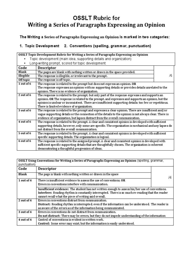 OSSLT Opinion Paragraph Writing Rubric | PDF | Cognition | Cognitive ...