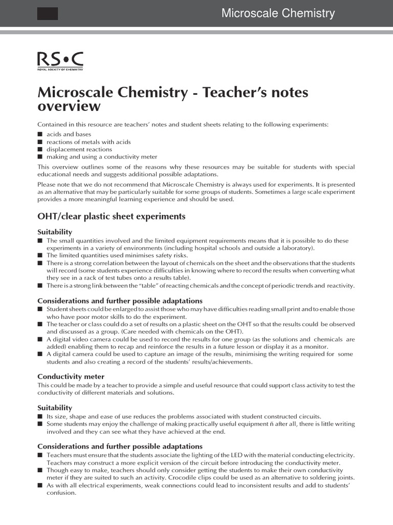 Microscale Chemistry - Teacher's Notes: OHT/clear Plastic Sheet ...