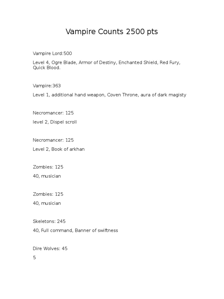 Vampire Counts 2500 Point Army List | PDF | Worldbuilding | Undead