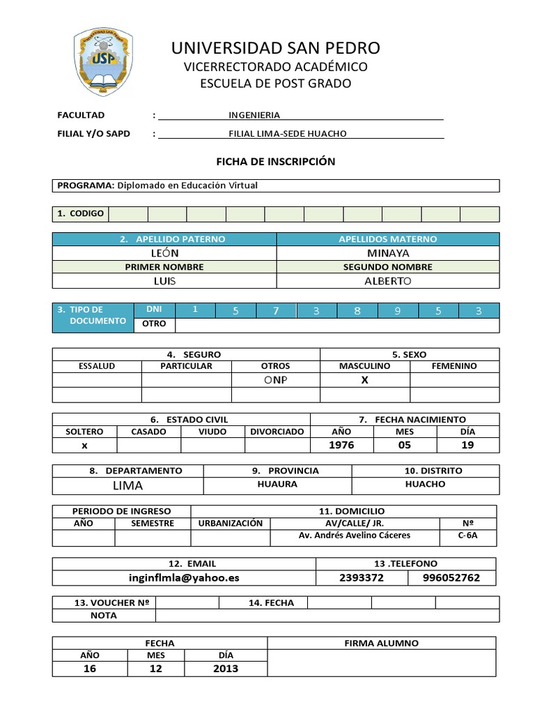 Formato 02 - Ficha de Inscripcion Diplomado | Universidad | Lima