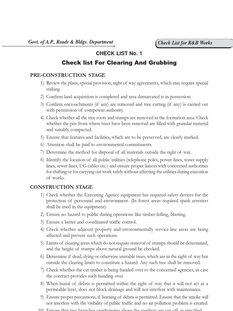 Check List For Roads Buildings Works | PDF | Asphalt | Road