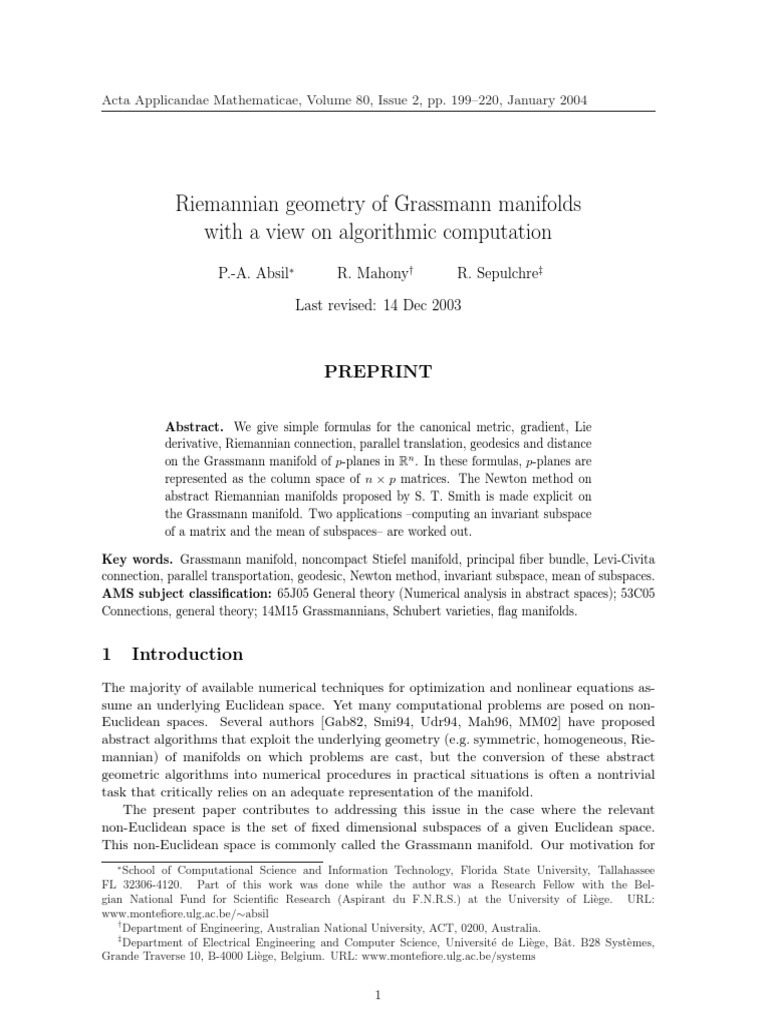 Riemannian Geometry of Grassmann Manifolds With A View On Algorithmic Computation | PDF ...