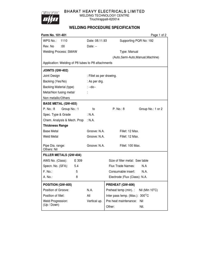 Welding Procedure Specification: Bharat Heavy Electricals Limited ...