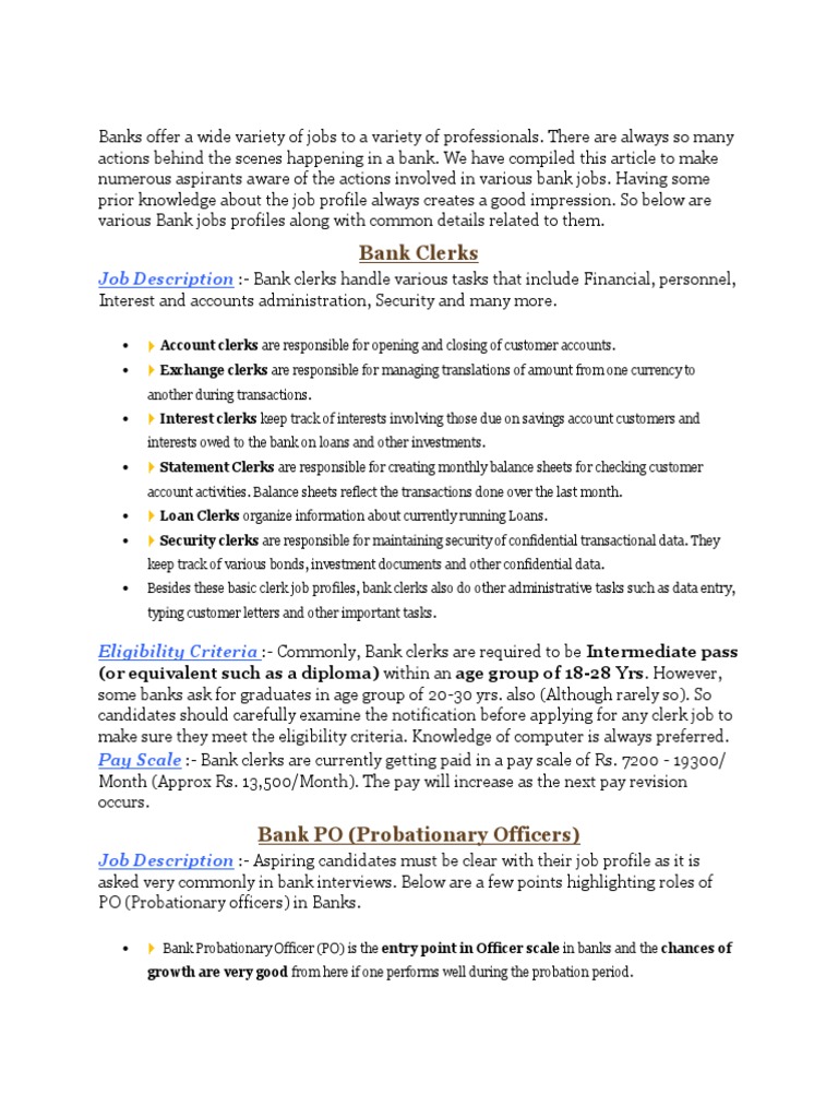 Bank Job Descriptions | PDF | Financial Transaction | Banks