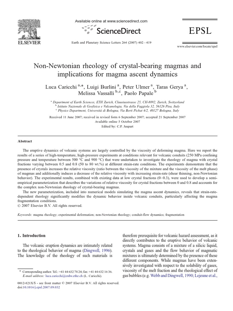 Non-Newtonian Rheology of Crystal-Bearing Magmas and Implications For Magma Ascent Dynamics ...