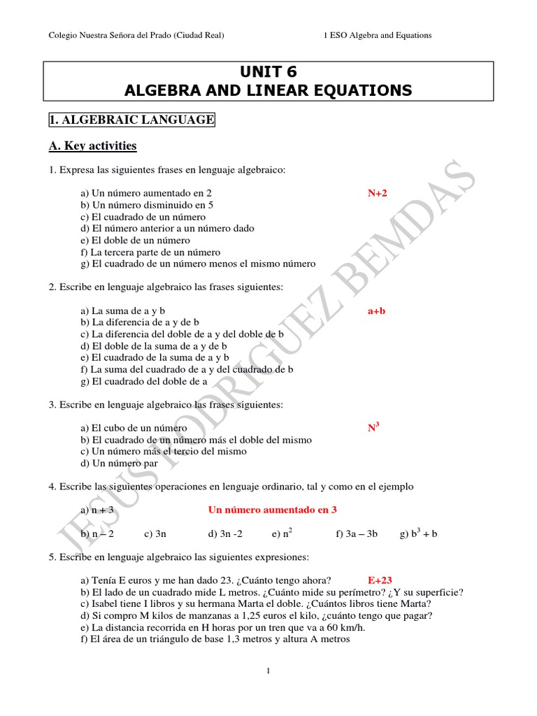 Unit 6 - Exercises and Word Problems (Algebra + Linear Equations) | PDF ...
