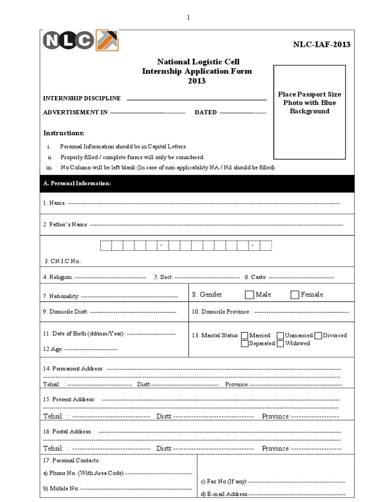 NLC-IAF-2013 National Logistic Cell Internship Application Form 2013 ...