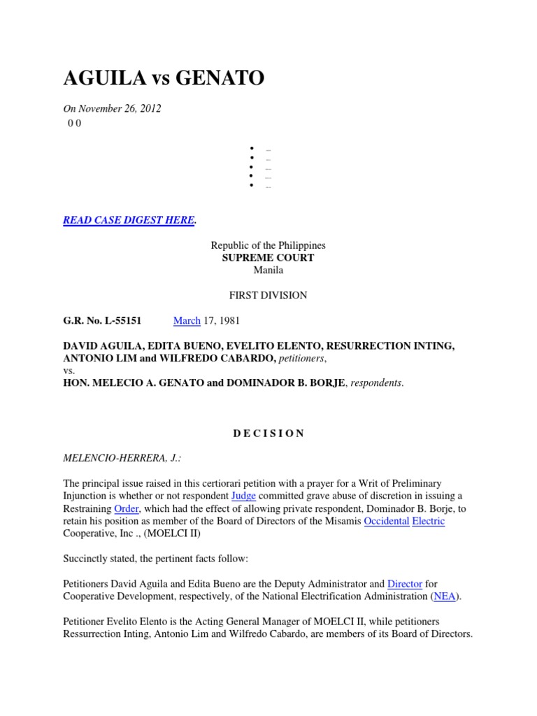 Aguila Vs Genato | PDF | Restraining Order | Board Of Directors