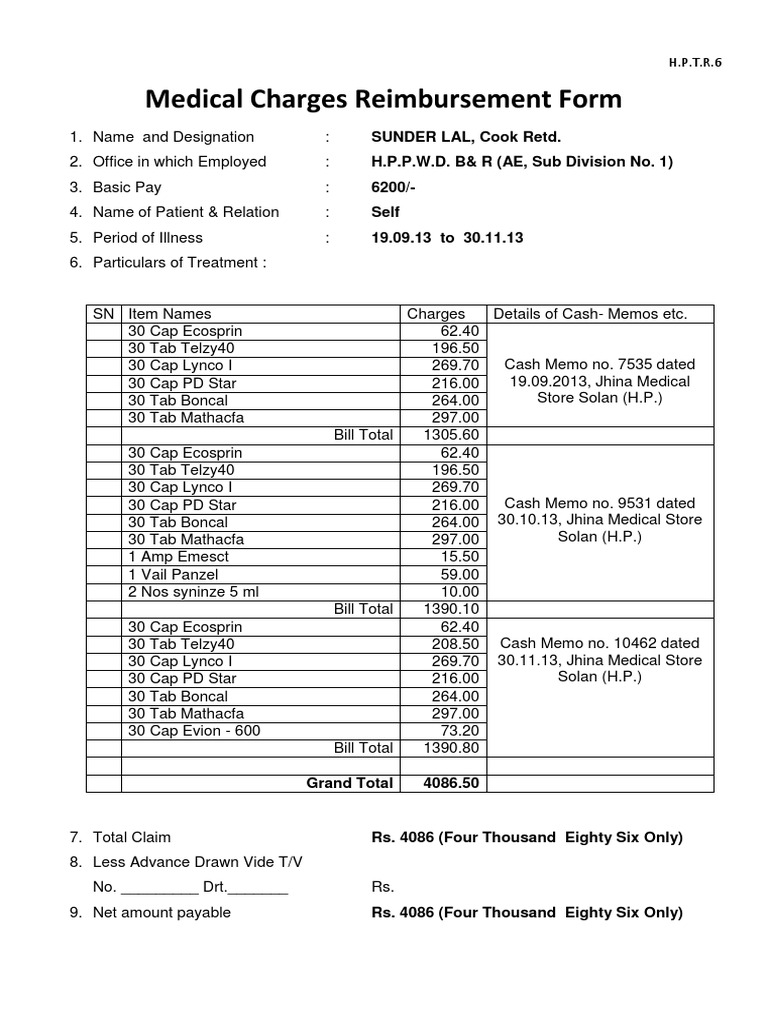 Medical Charges Reimbursement Form | PDF