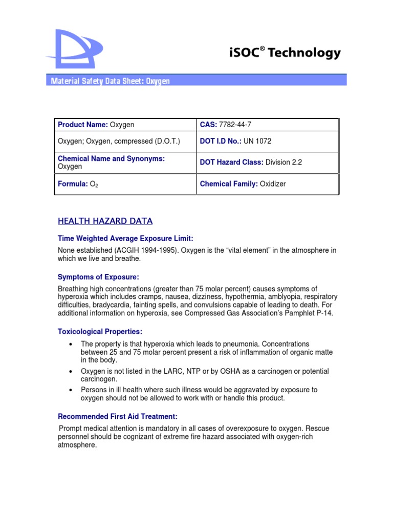 Oxygen MSDS | PDF | Oxygen | Fires