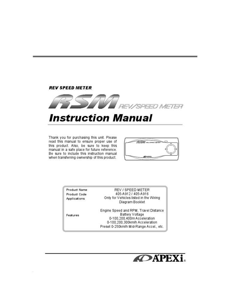 Apexi Installation Instruction Manual: RSM Rev Speed Meter Instructions | PDF