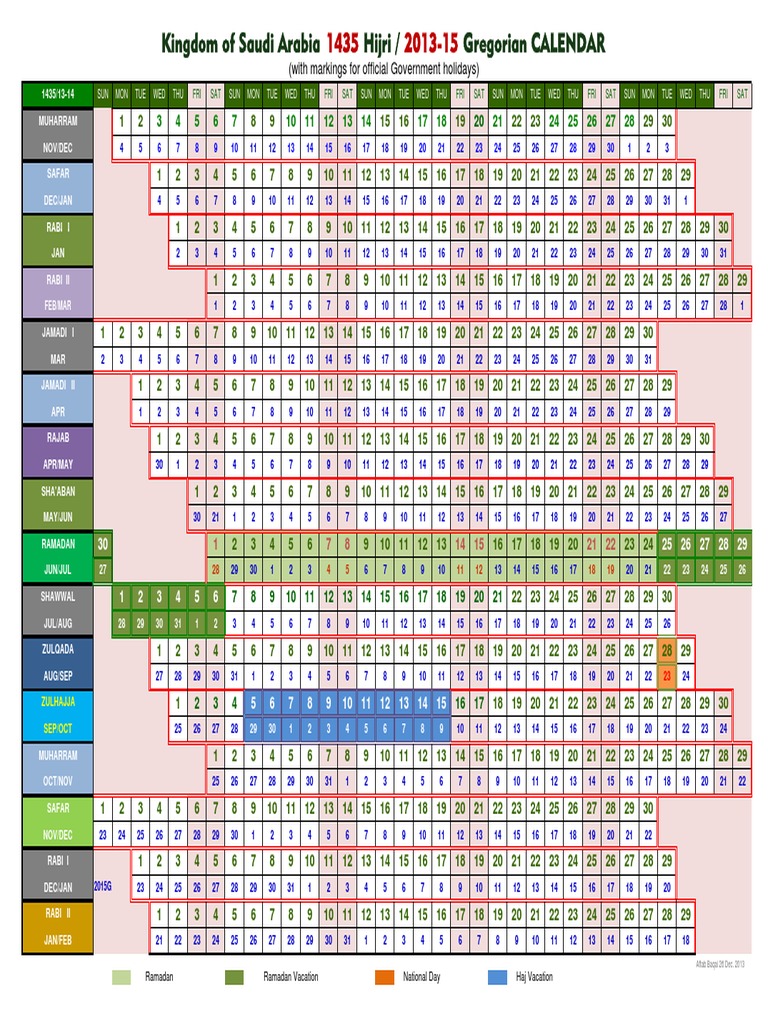 KSA Hijri-Gregorian Calendar For 2014-1435 | PDF