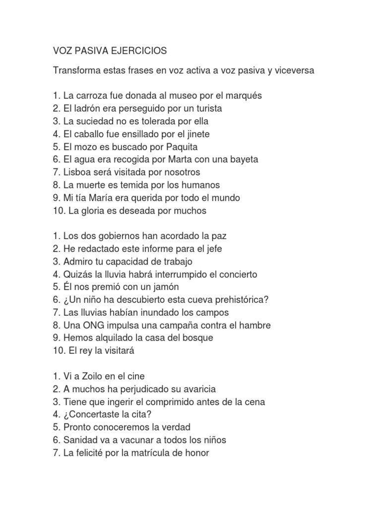 Ejercicios de Voz Activa y Pasiva | PDF