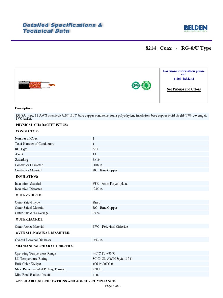 Belden RG-8 Data 8214 PDF | PDF | Coaxial Cable | Electromagnetism