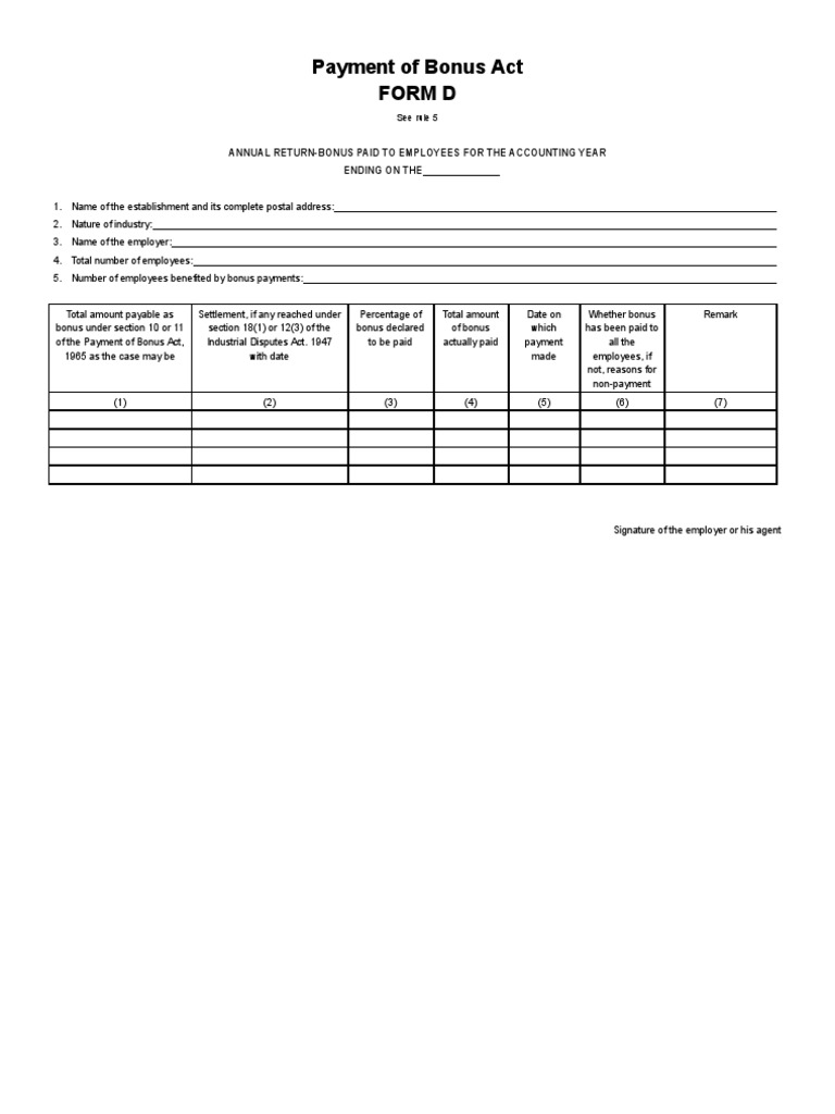 Form D, Annual Return Under Payement of Bonus Act | PDF | Payments ...