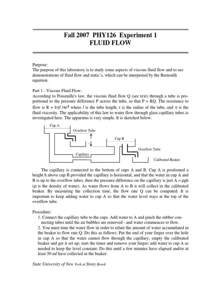 Fall 2007 PHY126 Experiment 1 Fluid Flow: Cup A Overflow Tube | PDF ...