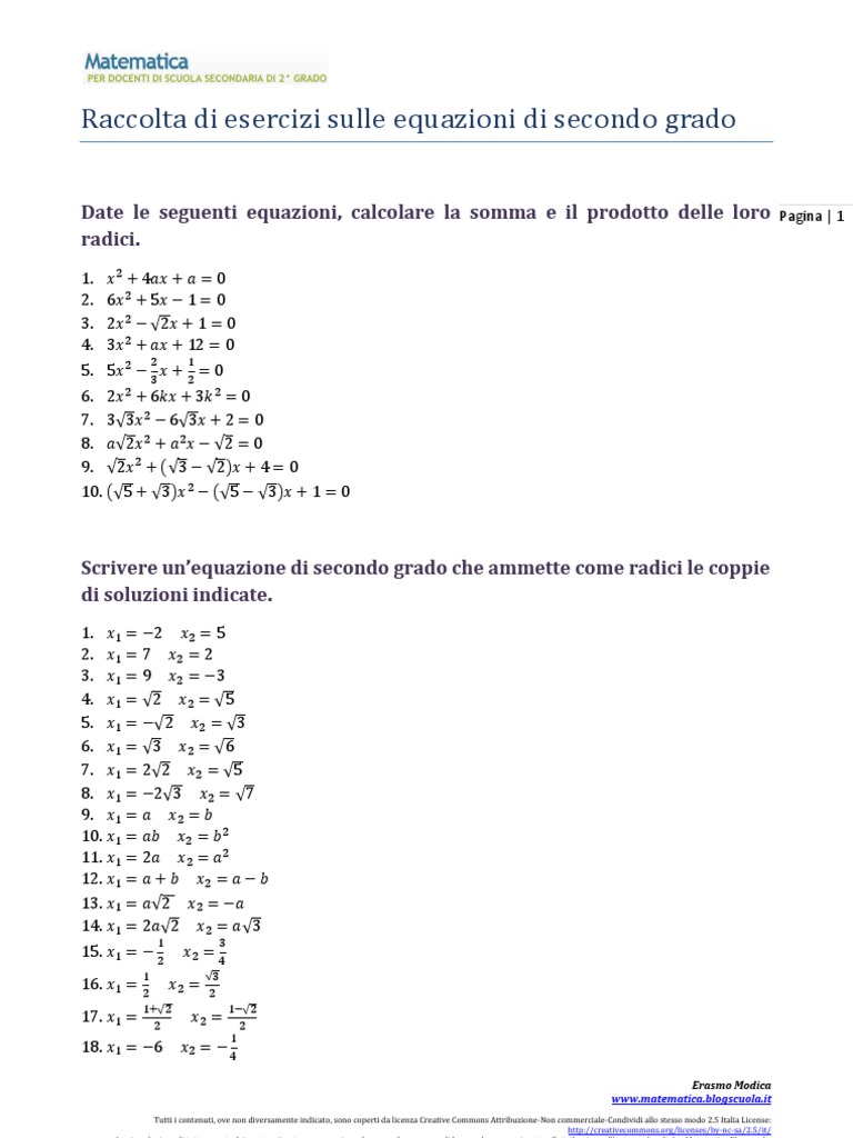 Esercizi Sulle Equazioni Di Secondo Grado | PDF