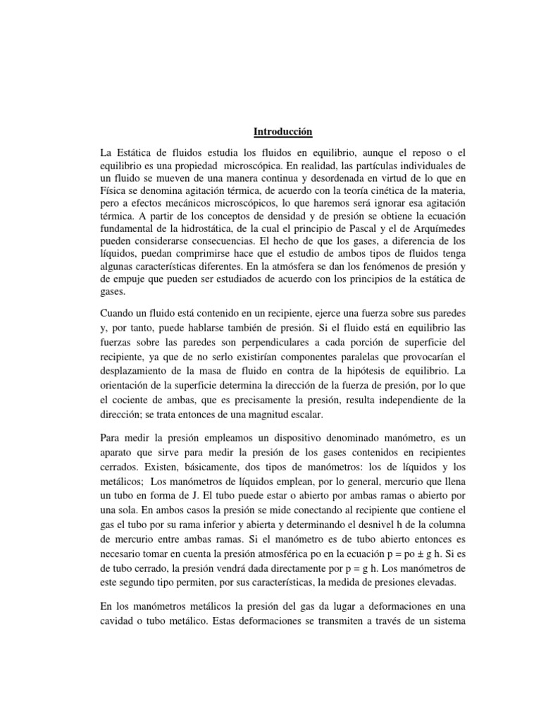 Informe Estatica de Fluidos | Descargar gratis PDF | Mecánica de fluidos | Presión