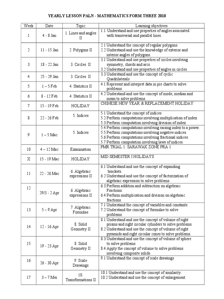 Yearly Lesson Plan - Mathematics Form Three 2010 | PDF | Trigonometric ...