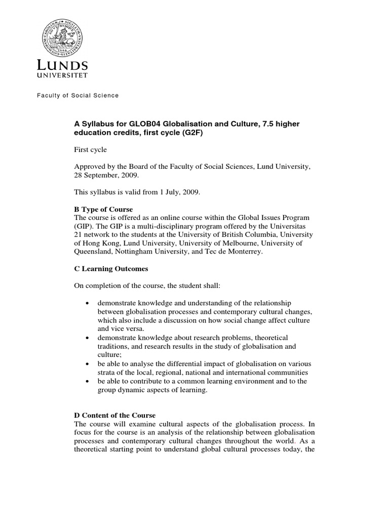 Syllabus - GLOB - Globalisation and Culture | PDF | Globalization | Attention